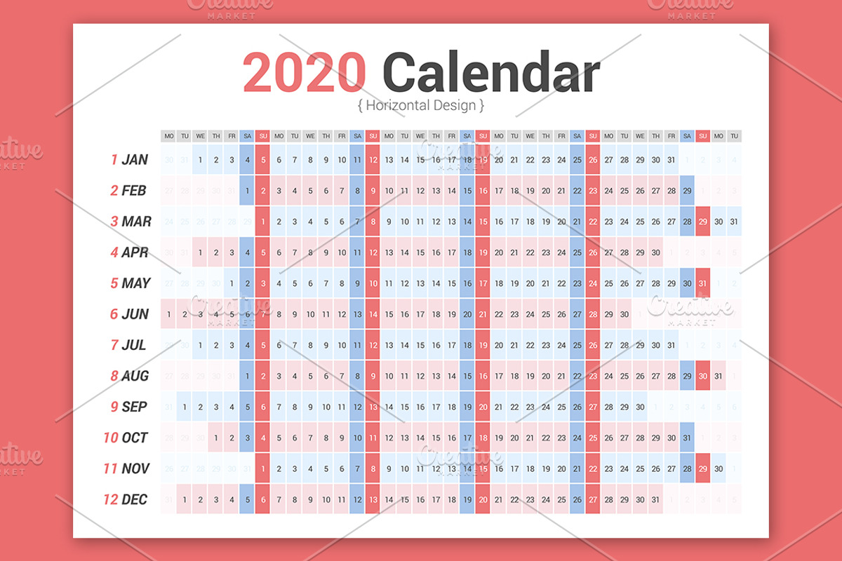 Calendar 2020 Horizontal Planner, a Stationery Template by WORAKAMON ...