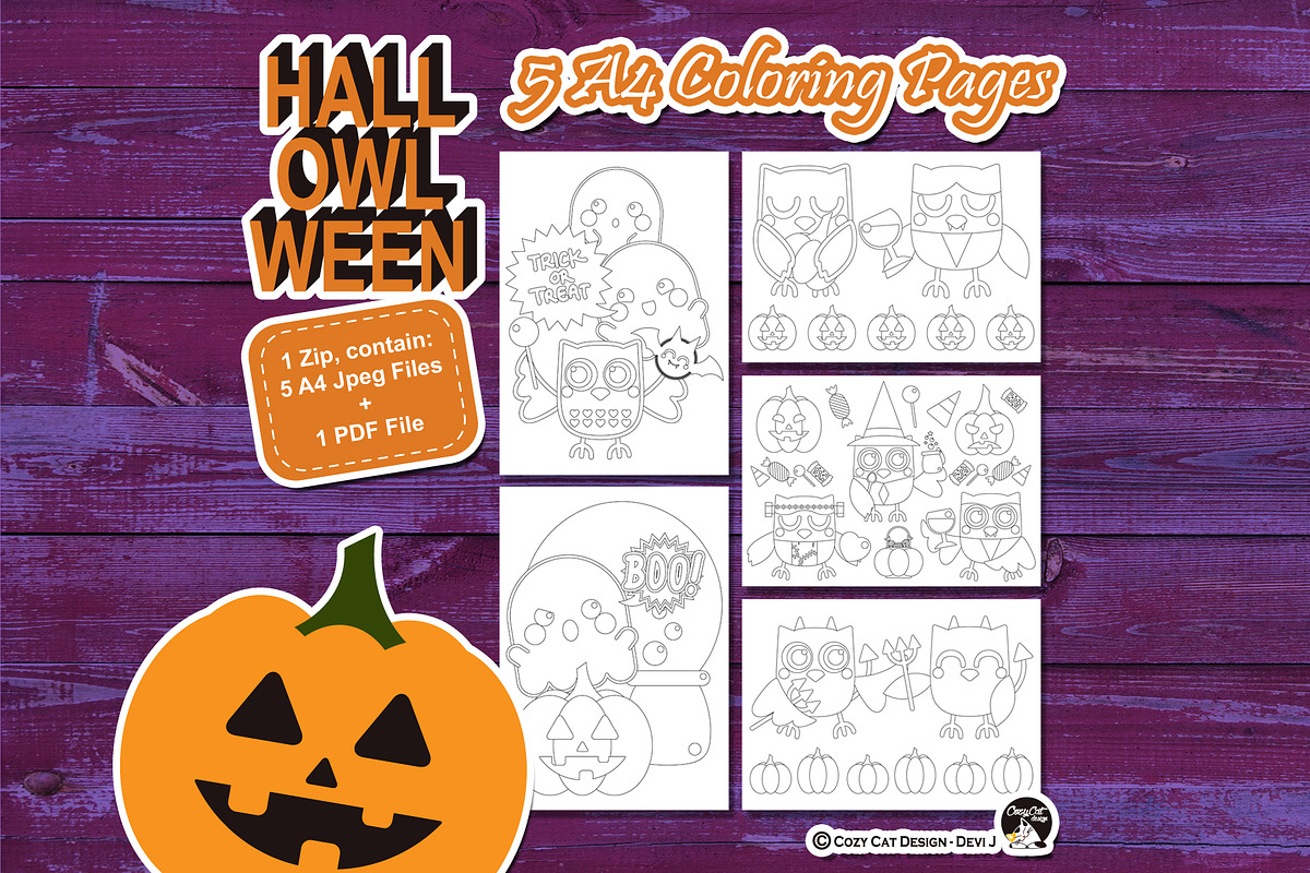 Owl Halloween Coloring Pages, an Illustration by Cozy Cat Design