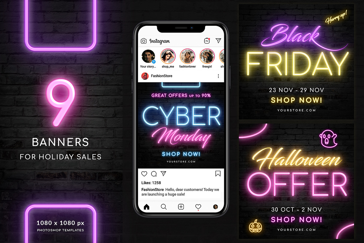 Neon Sale Instagram Banners Ads, a Social Media Template by Andrew ...