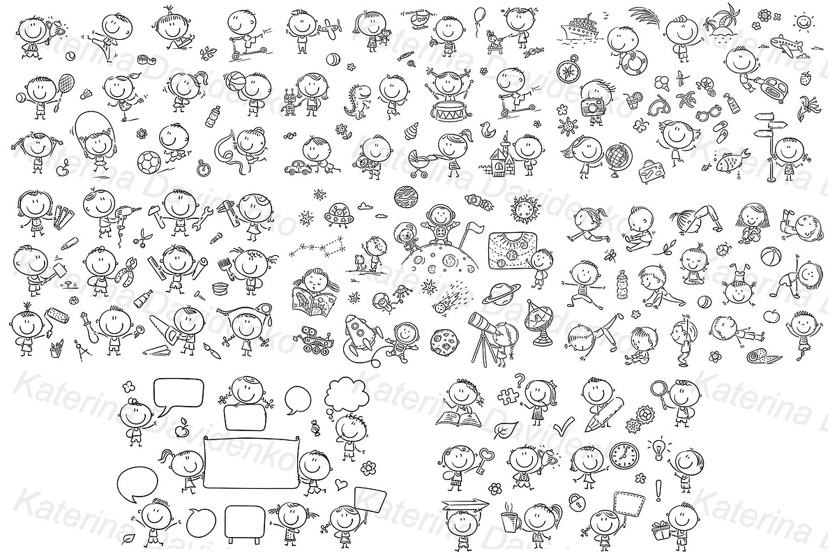 Doodle cartoon happy kids big bundle, an Animal Illustration by Bubert Art