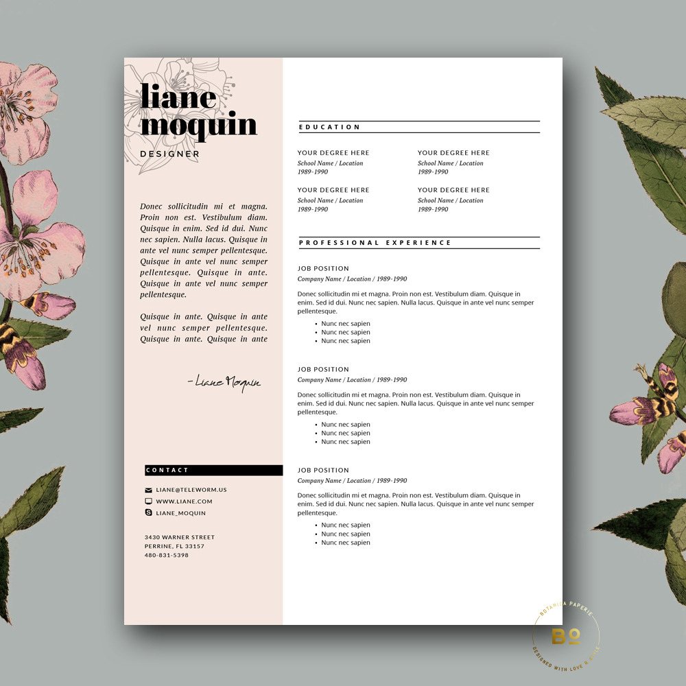 Feminine CV Template for Word, a Resume Template by Botanica Paperie