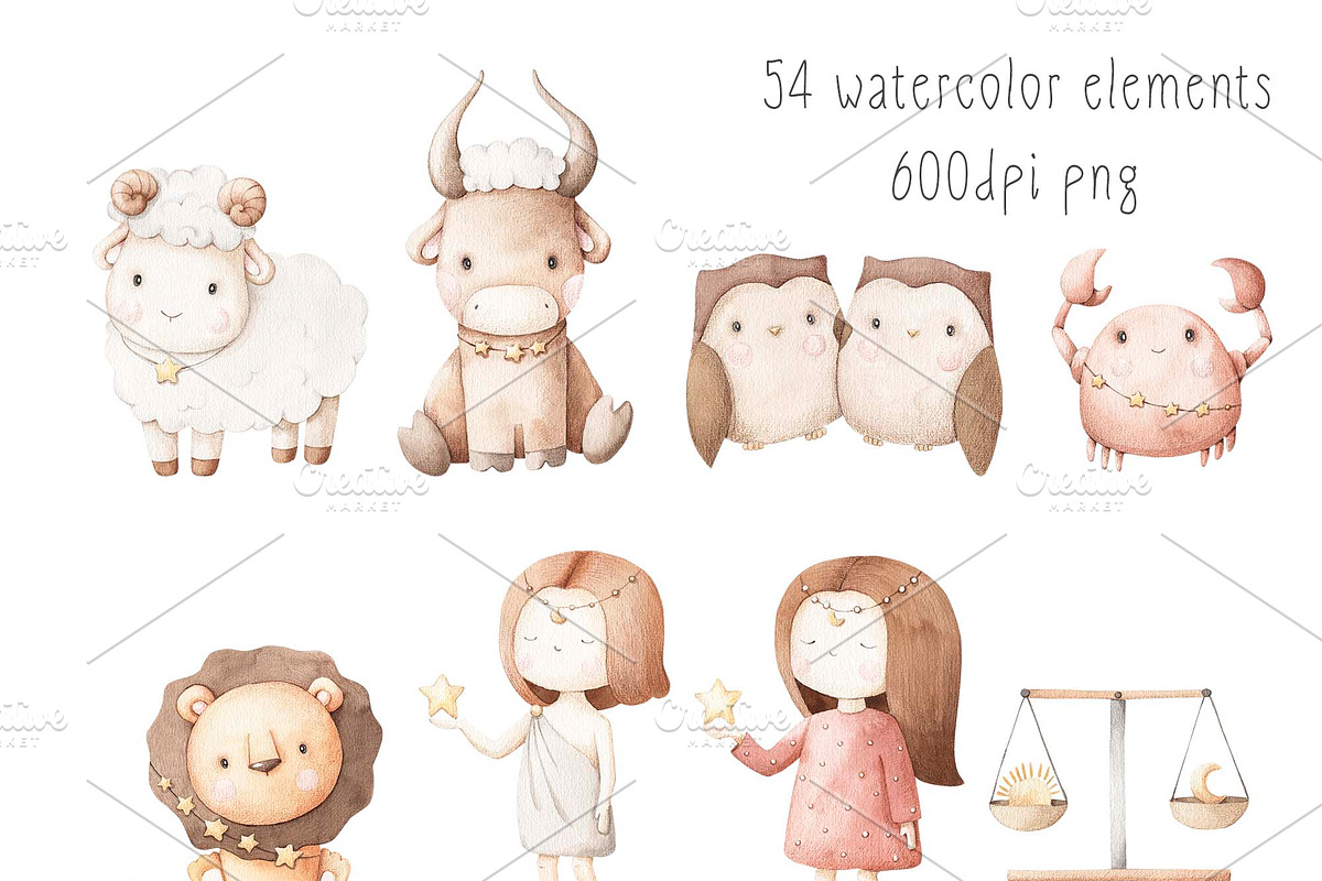 Baby zodiac signs clipart. Astrology, an Illustration by Alesya Pytskaya