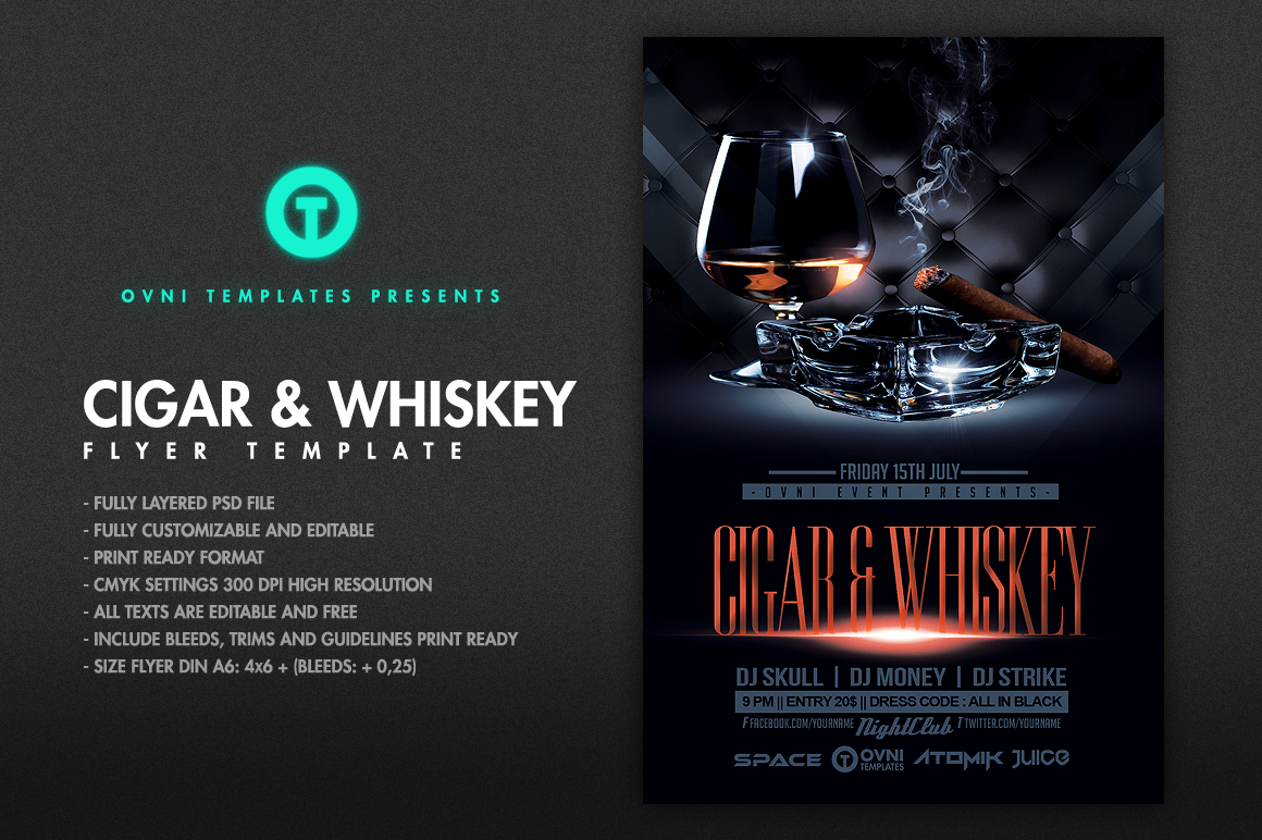 CIGAR & WHISKEY Flyer Template, a Flyer Template by OVNI-TEMPLATES