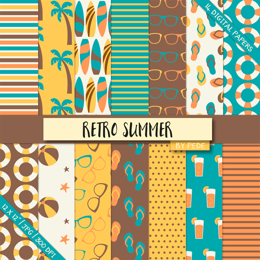 Retro summer digital paper, a Pattern Graphic by PeDe Designs