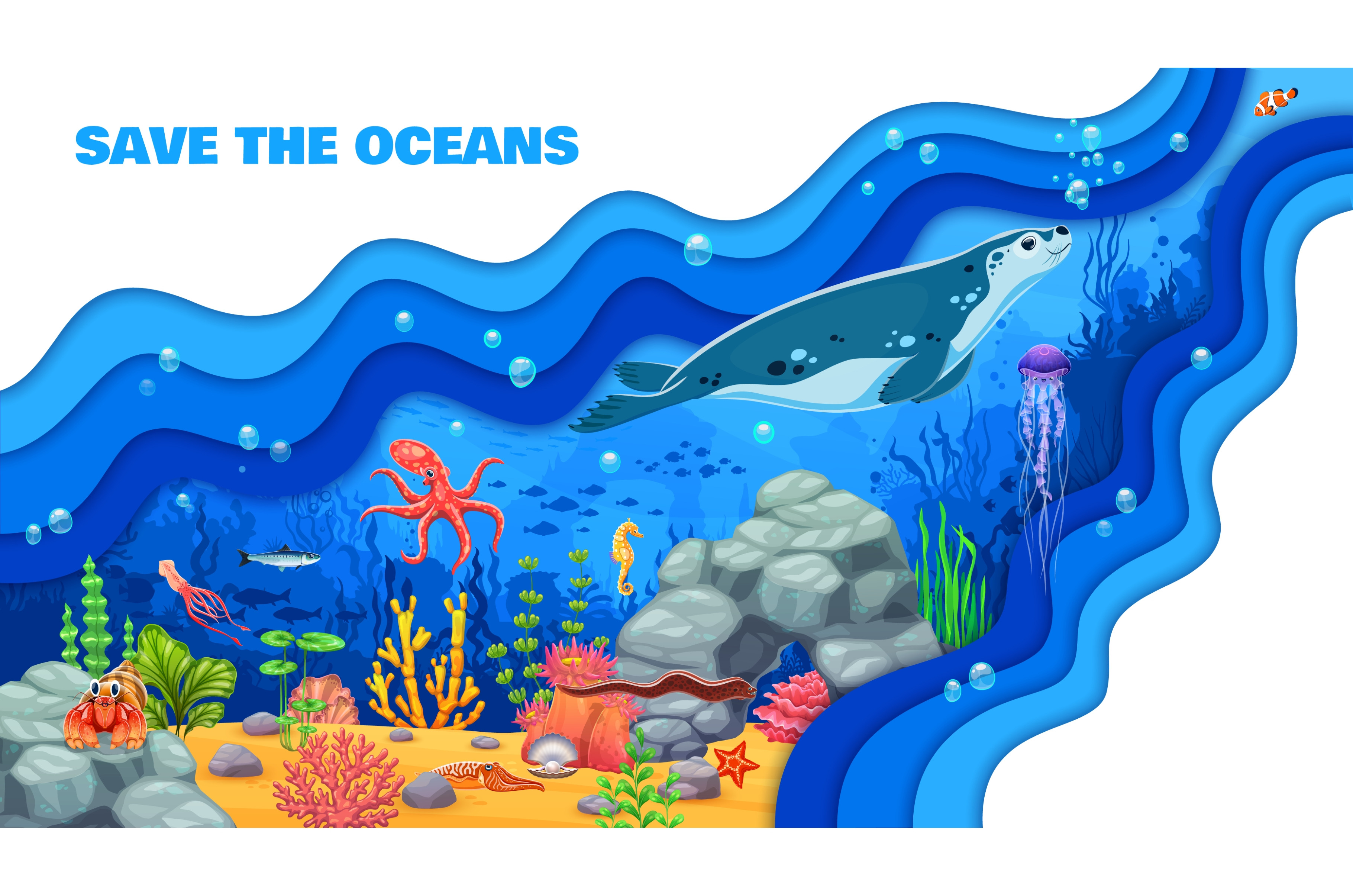 Save the oceans paper cut banner, an Animal Illustration by Vector ...
