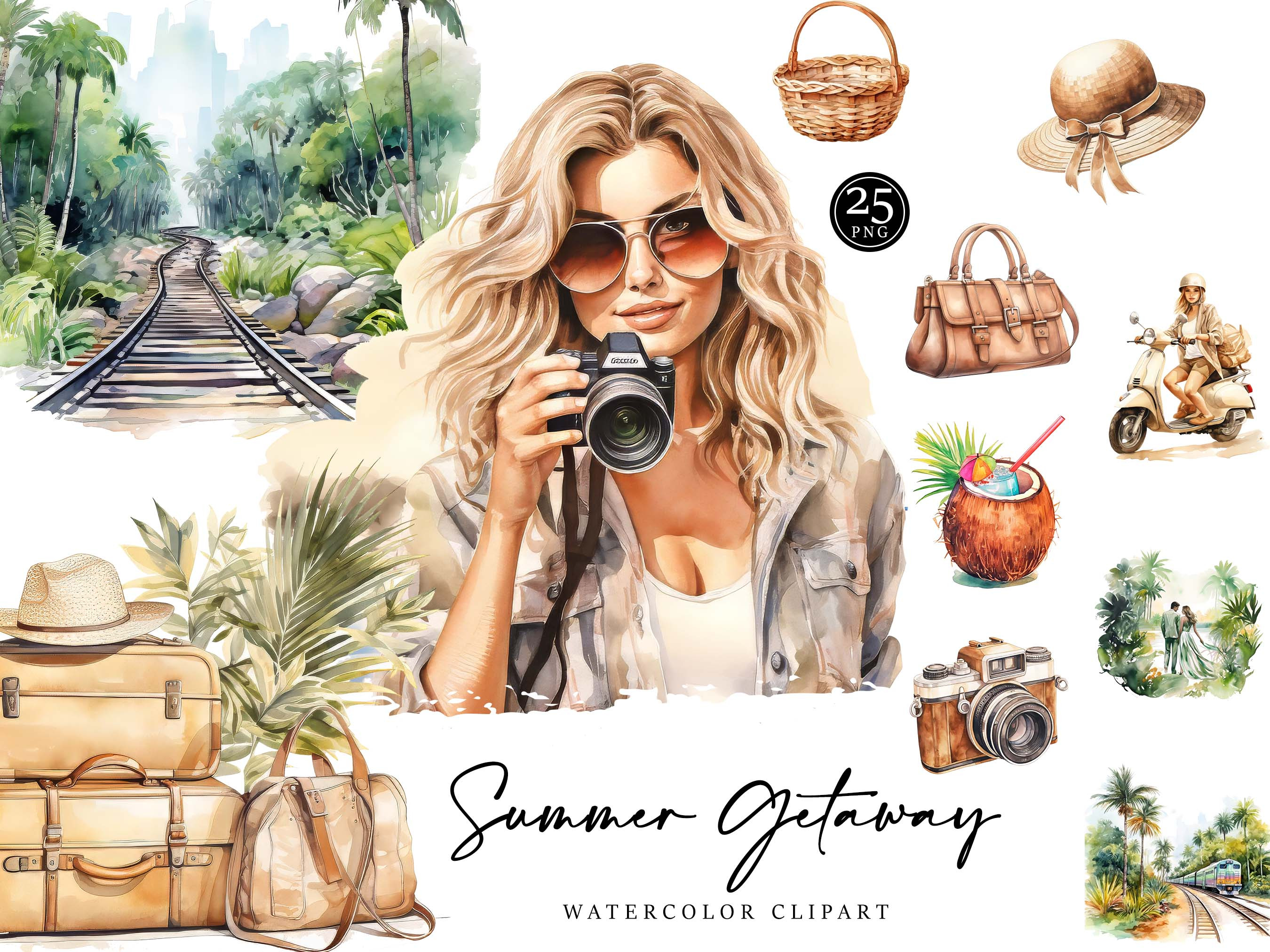 Watercolor Summer Getaway Clipart, an Object Illustration by Design Scotch