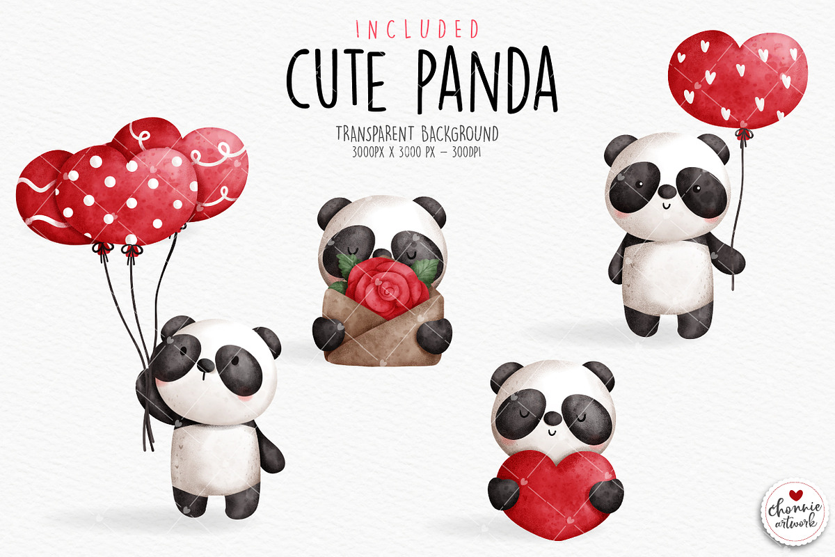 Valentine's panda clipart, an Animal Illustration by Chonnieartwork