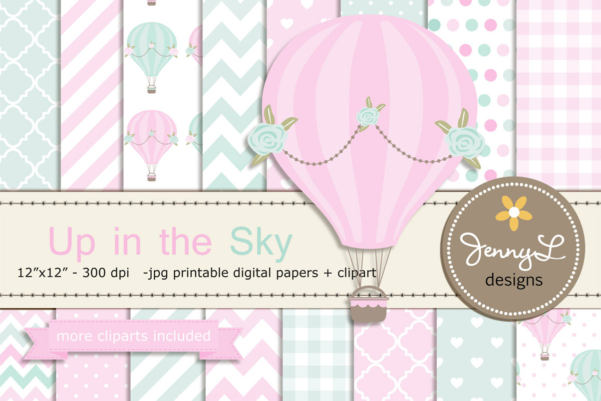 Hot Air Balloon Digital Paper Clipar, a Pattern Graphic by JennyL Designs