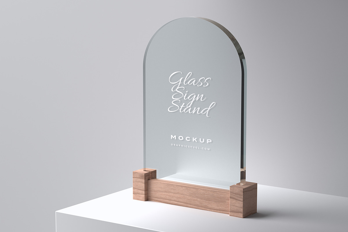 Glass Sign Stand Mockup, a Product Mockup by Graphicsfuel