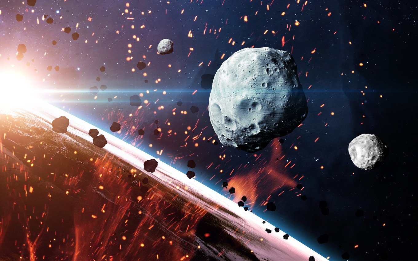 The falling meteor rain comet in space meteor and energy asteroid glow ...