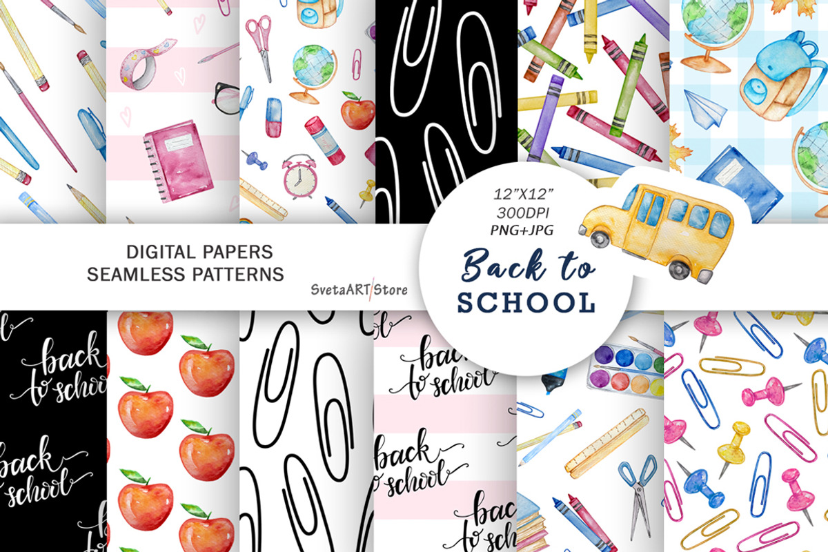 Watercolor School Seamless Patterns, a Pattern Graphic by SvetaArtStore