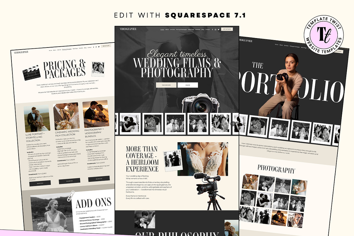Wedding Videographer Website, a Squarespace Template by Template Twist Shop