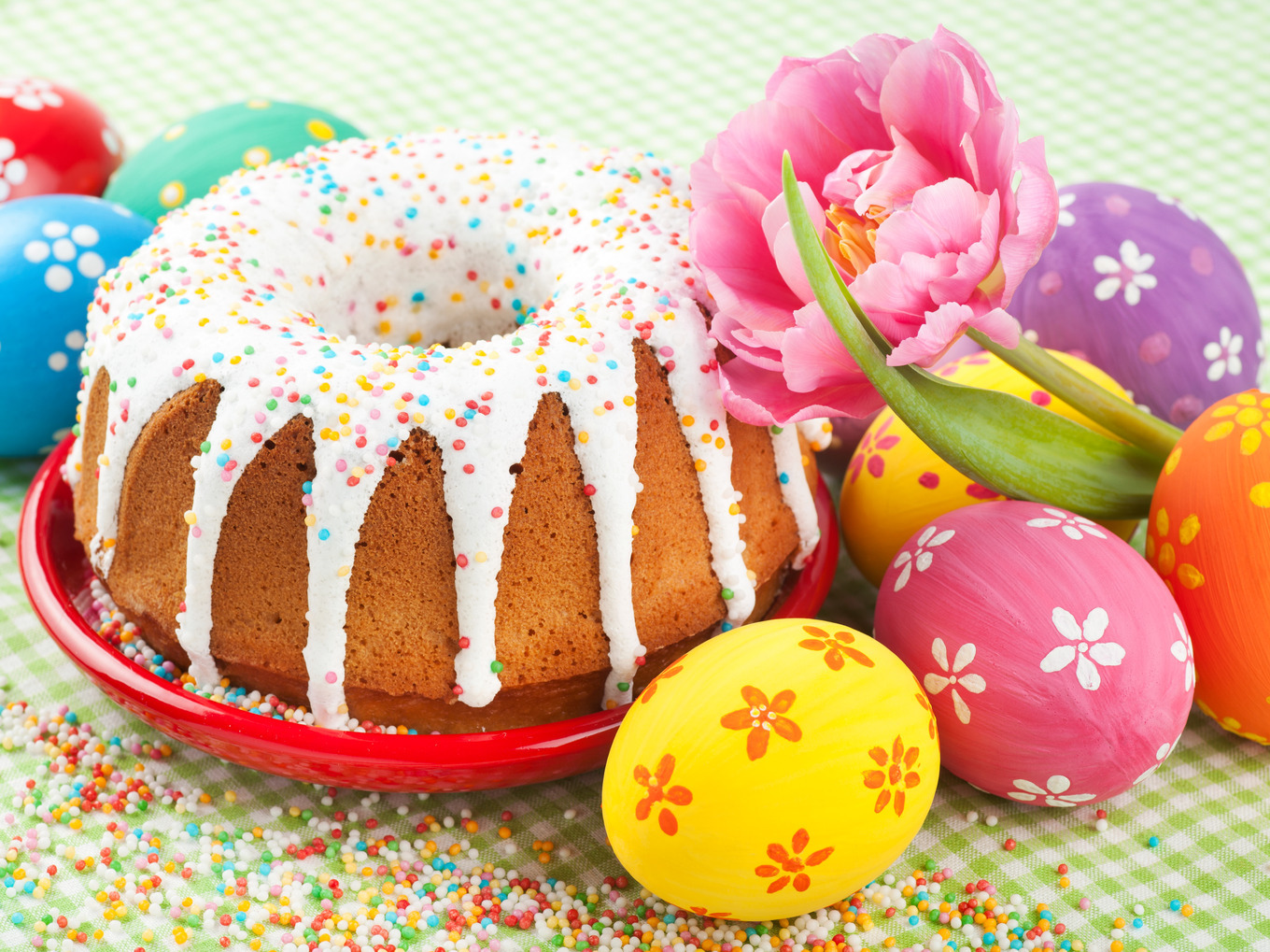 Easter cake tulip and colorful eggs containing easter, cake, and happy ...