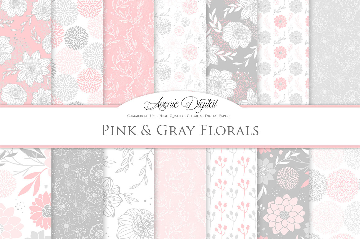 Pink and Gray Floral Vector Patterns, a Pattern Graphic by Avenie Digital