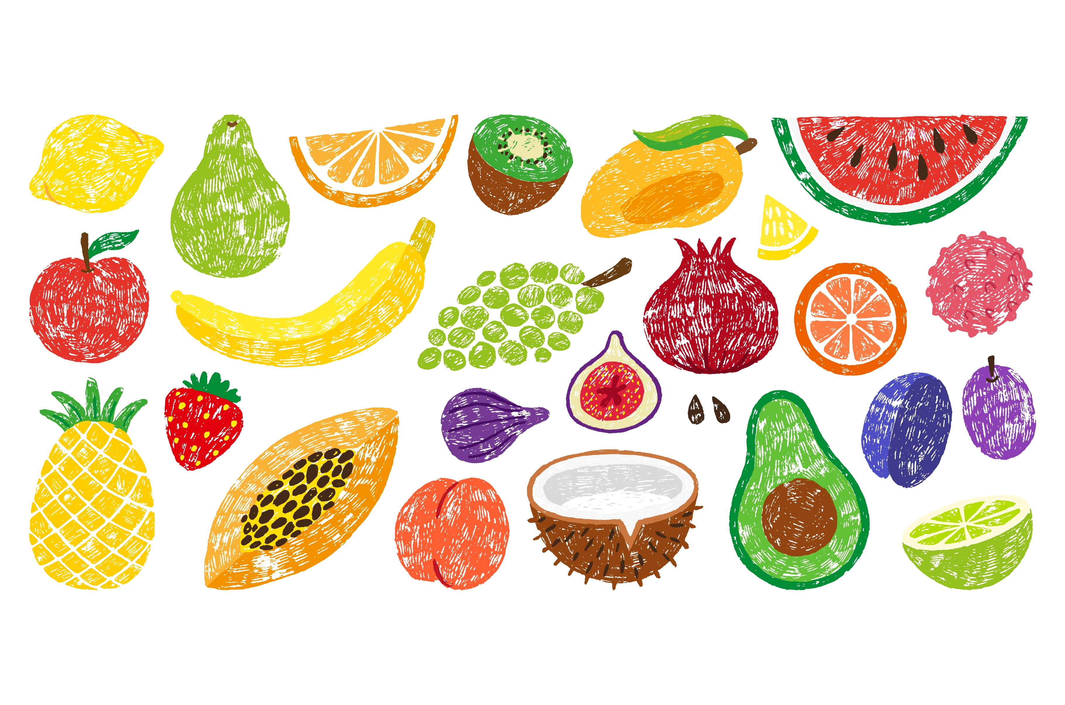 Crayon drawing fruits. Popular fruit, a Food Illustration by Valerie Bodnar