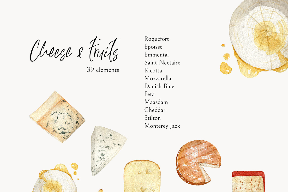 Watercolor Food Clipart, Cheese., a Food Illustration by NiKO