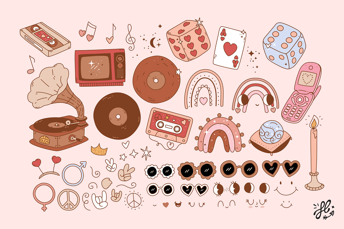 Groovy retro Valentine - clipart set, a Food Illustration by Huxmay