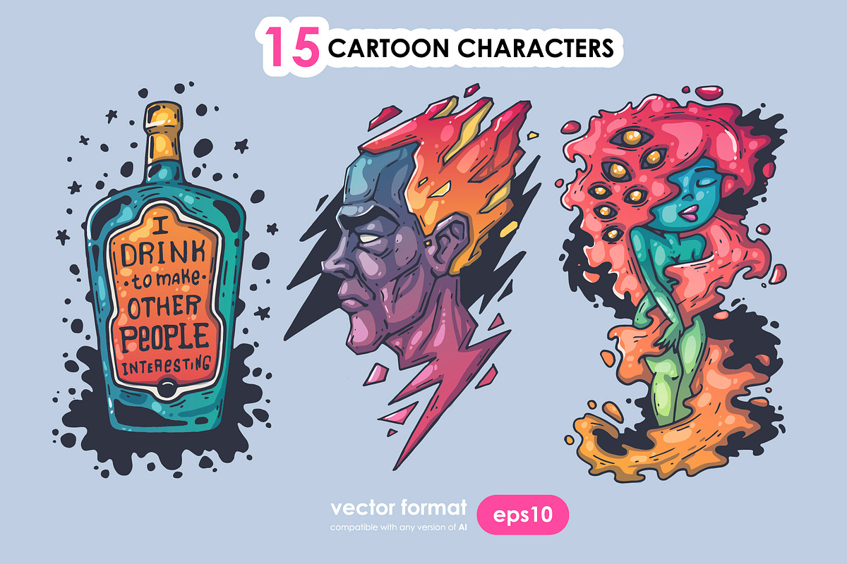 15 Different Cartoon Characters, an Illustration by Andrew_Derr