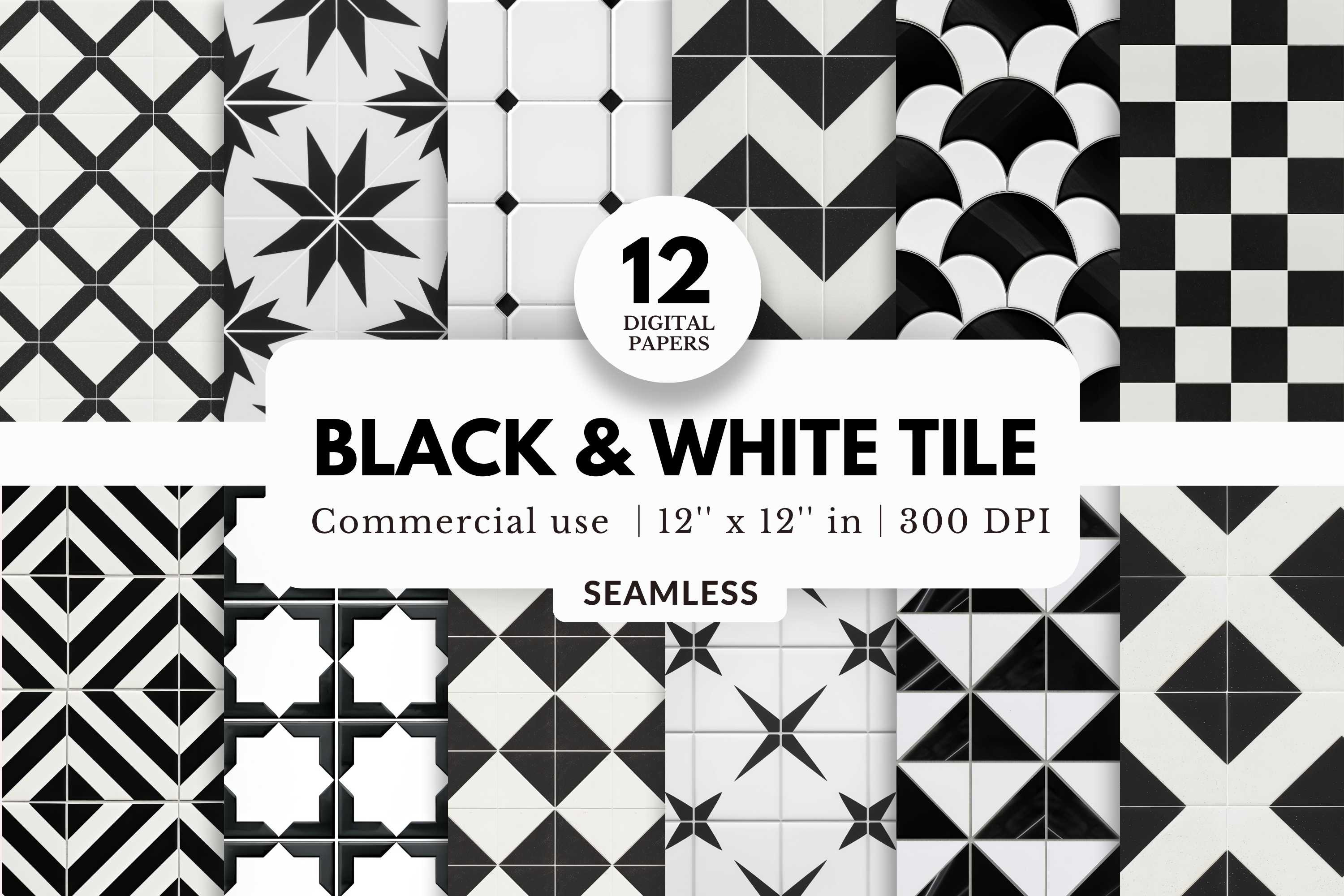 12 Black and White Tile Patterns, a Pattern Graphic by NorthWindPixels