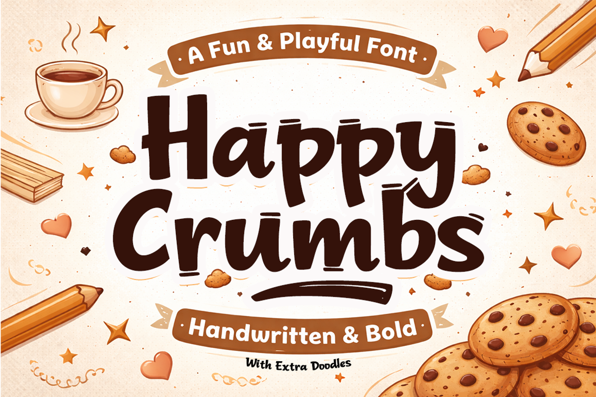 Happy Crumbs Playful With Doodles, a Handwritten Font by cocodesign