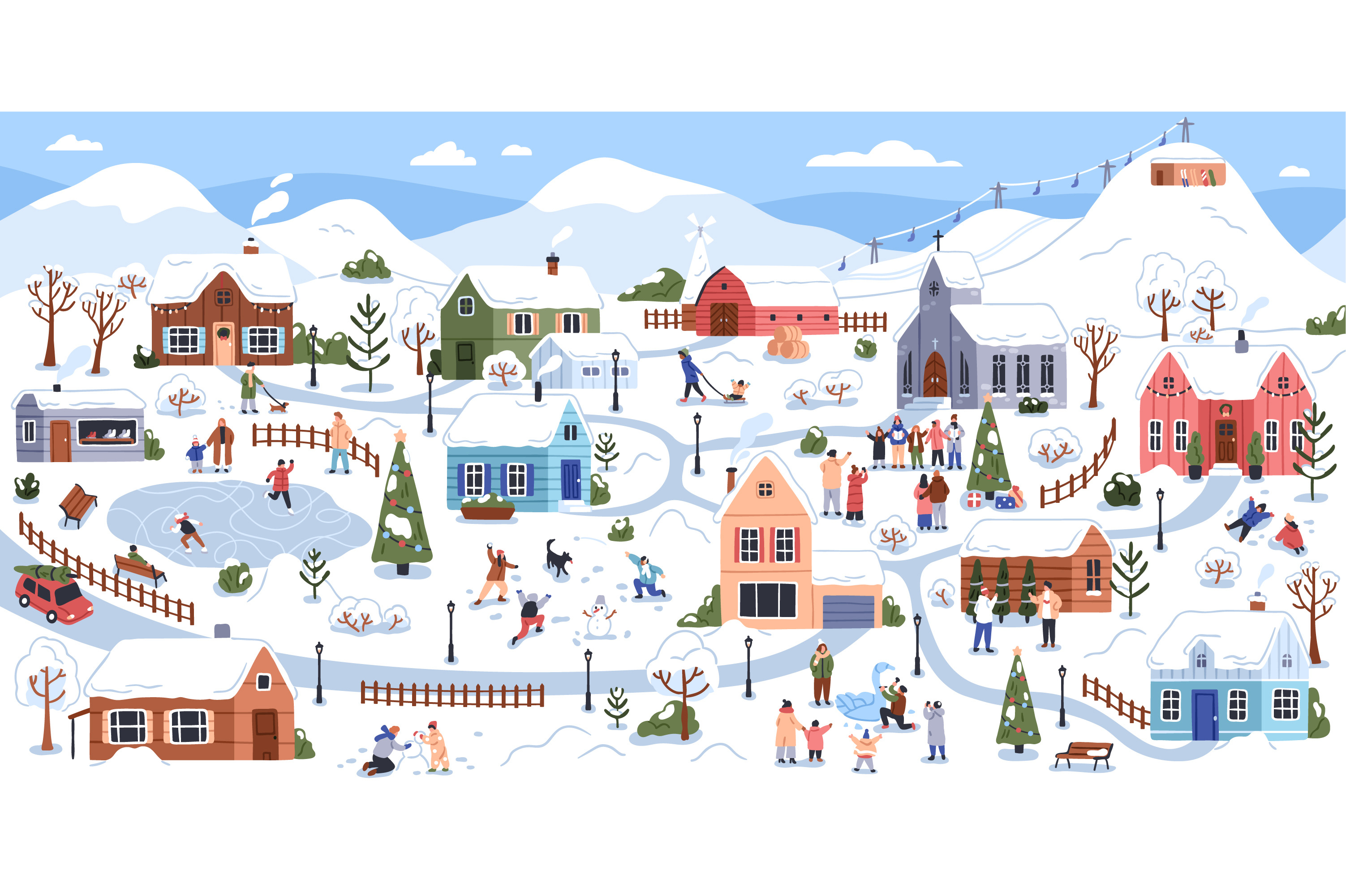 Winter landscape of town with people, a Seasonal Illustration by Good ...