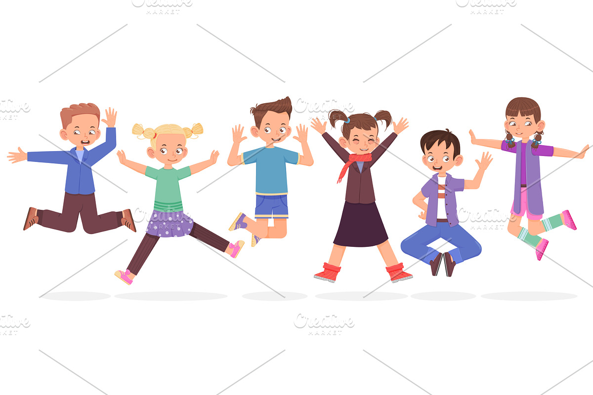 Happy kids - boys and girls jumping, an Education Illustration by ...