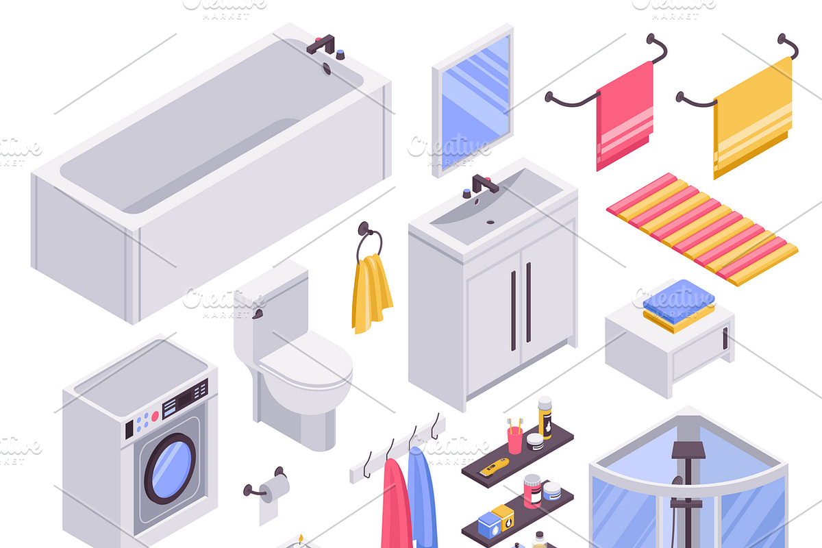 Bathroom isometric set, an Icon by Macrovector | Creative Market