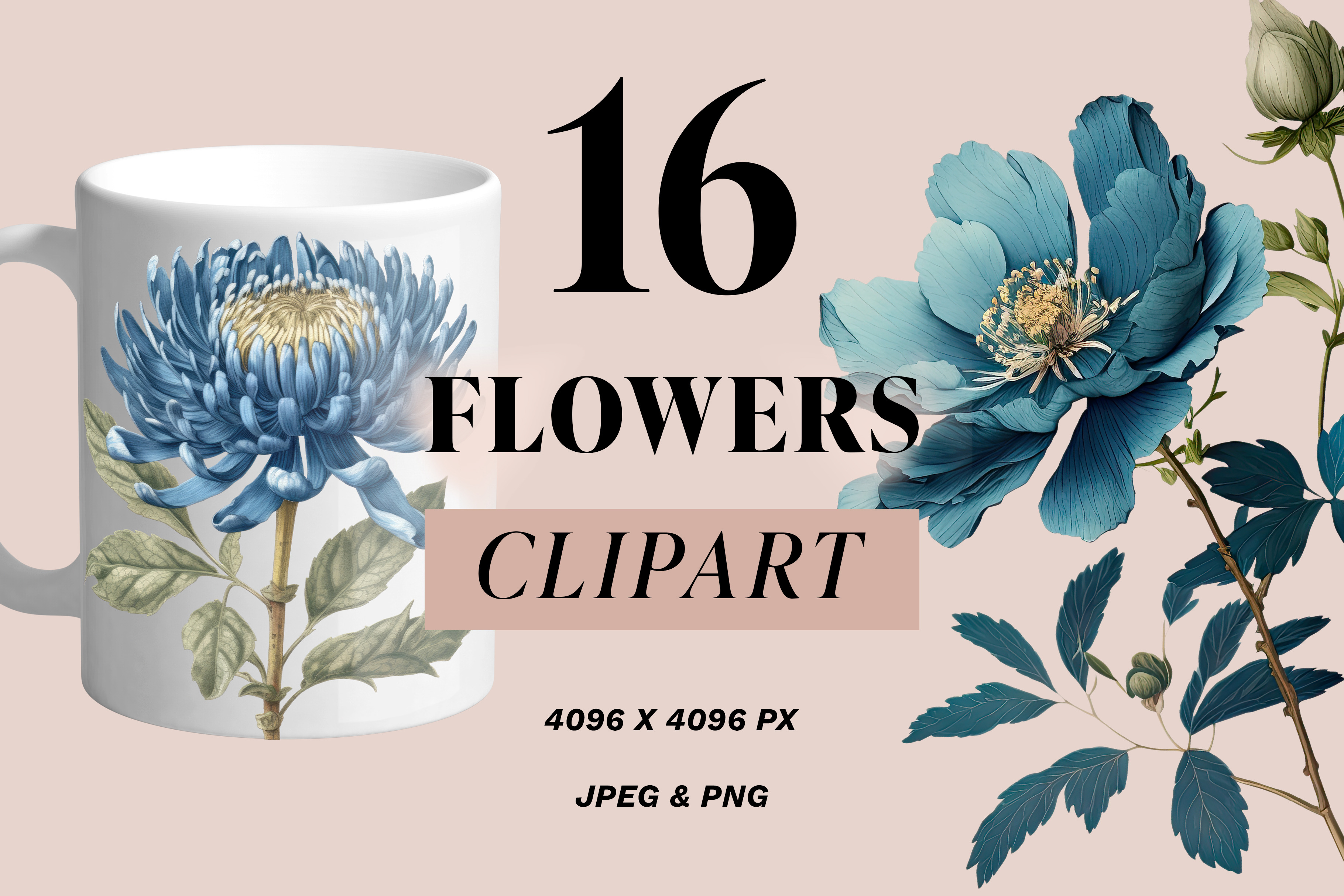 16 Blue Flowers Vintage Illustrations