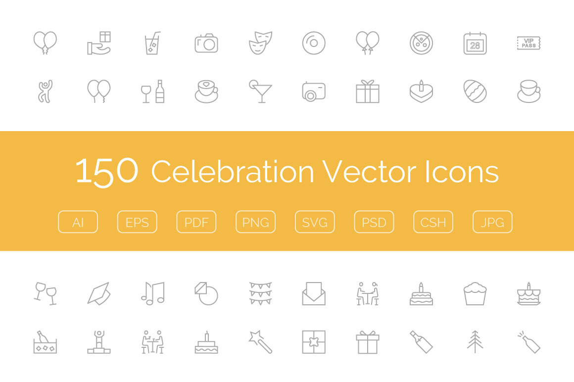 150 Celebration Vector Icons, an Outline Icon by Creative Stall