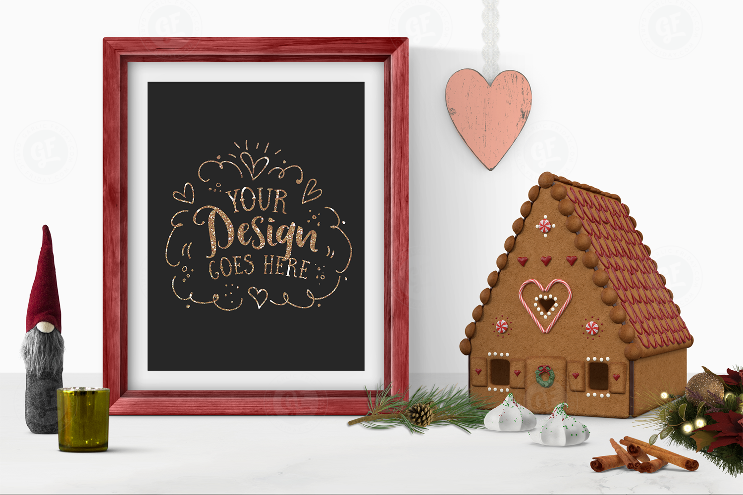 Gingerbread house & frame mockup, a Print Template by Garlic Friday Design