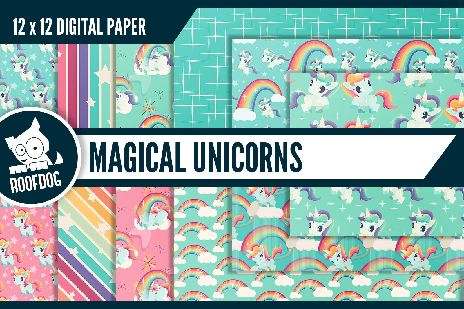 Rainbows and unicorns digital paper, a Pattern Graphic by Roofdog Design