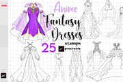 Procreate Fantasy Dress Anime Stamps, a Brush Add-On by ArtPrintBabe
