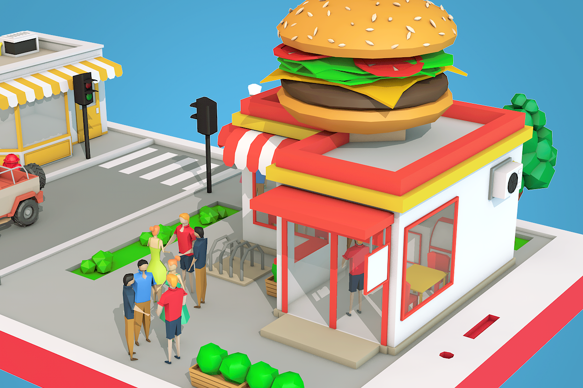 Low Poly Burger Cafe on Phone screen, an Architecture 3D Model by Low ...