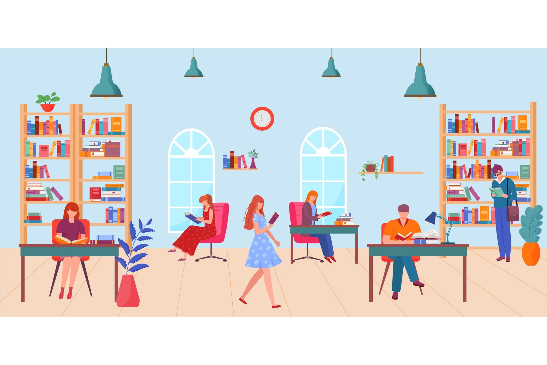 Student read book in library, an Education Illustration by VectorsBang