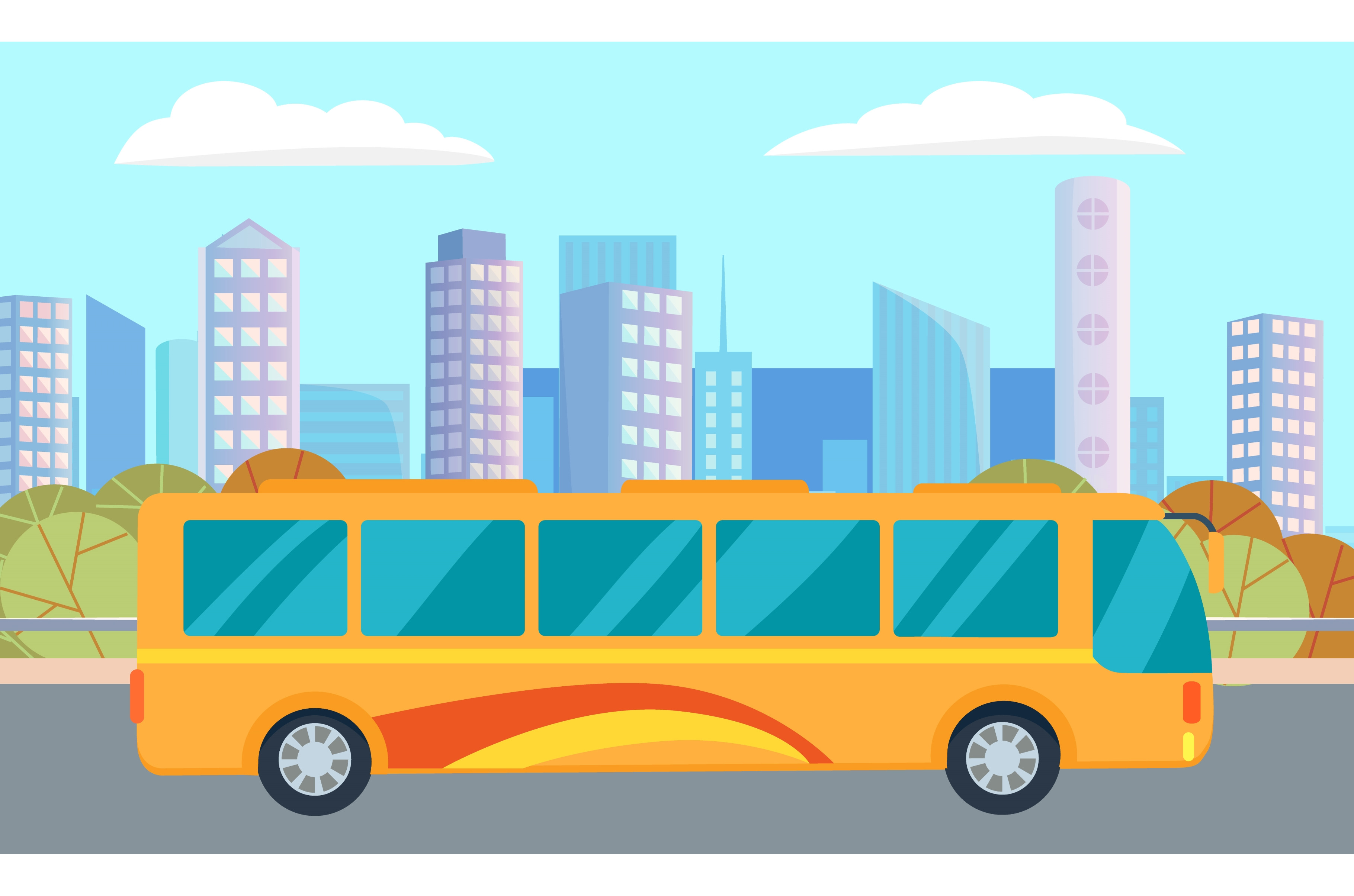 City Street and Bus, Skyscrapers and, a Transportation Illustration by ...