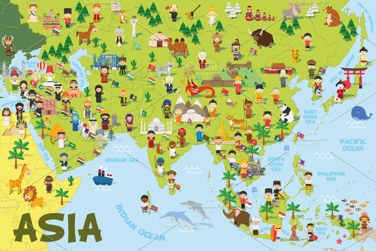Cartoon Map of Asia | Creative Market
