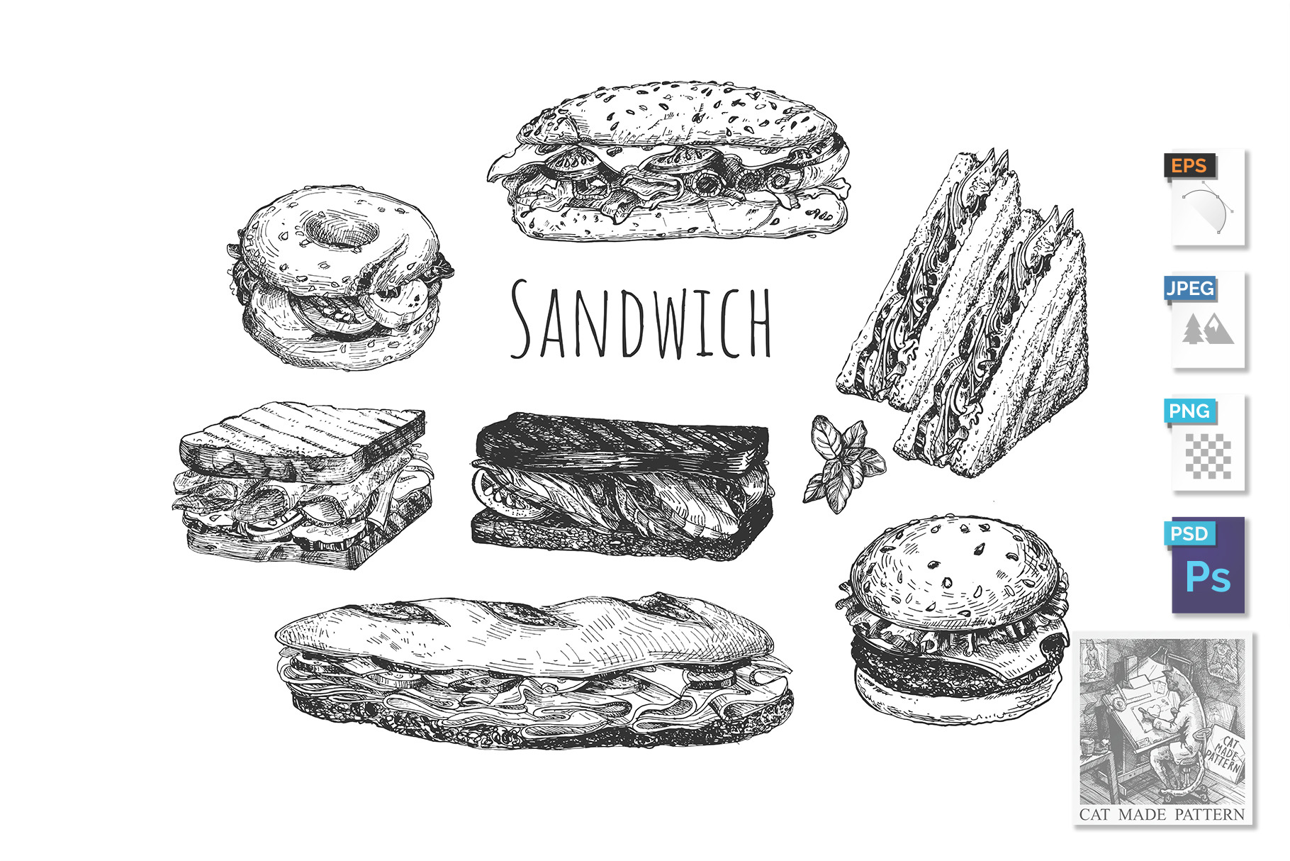 Hand drawn sketch sandwiches set, a Food Illustration by CatMadePattern
