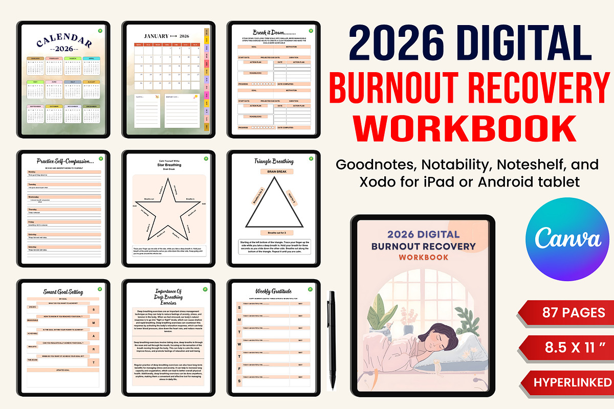 2026 Burnout Recovery Workbook, a Stationery Template by Designmela01