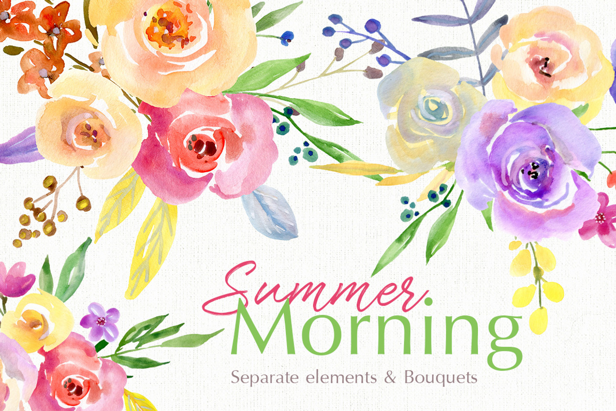 Watercolor Summer Flowers & Bouquets, an Illustration by GraphicsDish