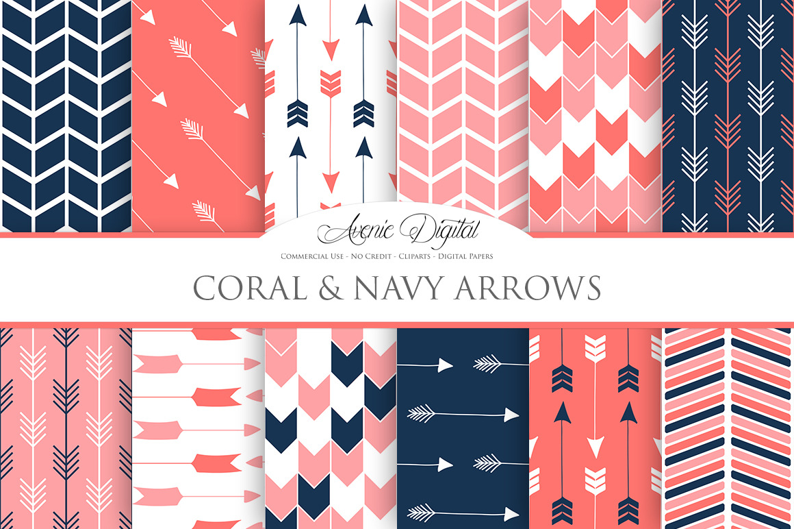 Coral and Navy Arrows Digital Paper, a Pattern Graphic by Avenie Digital