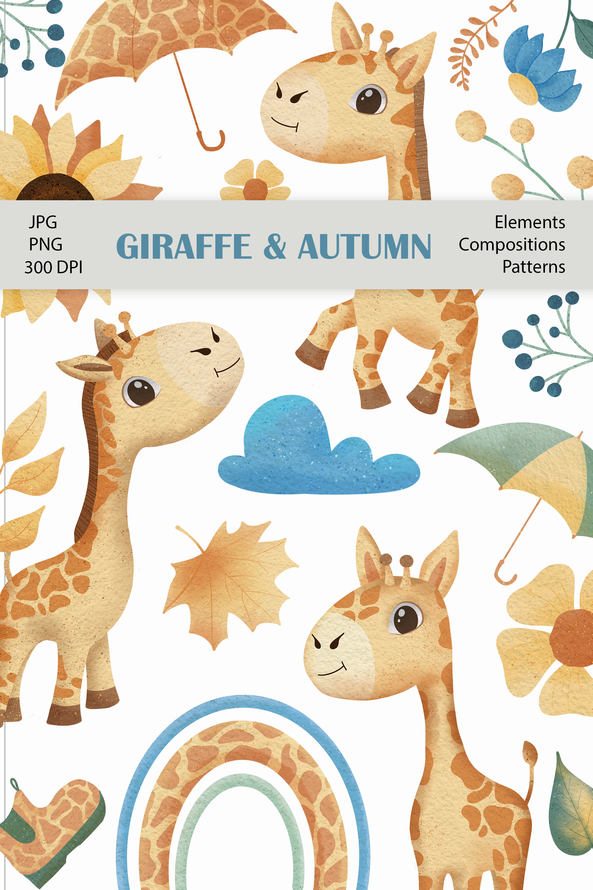 Giraffe & Autumn Watercolor clipart, an Animal Illustration by Nebbia