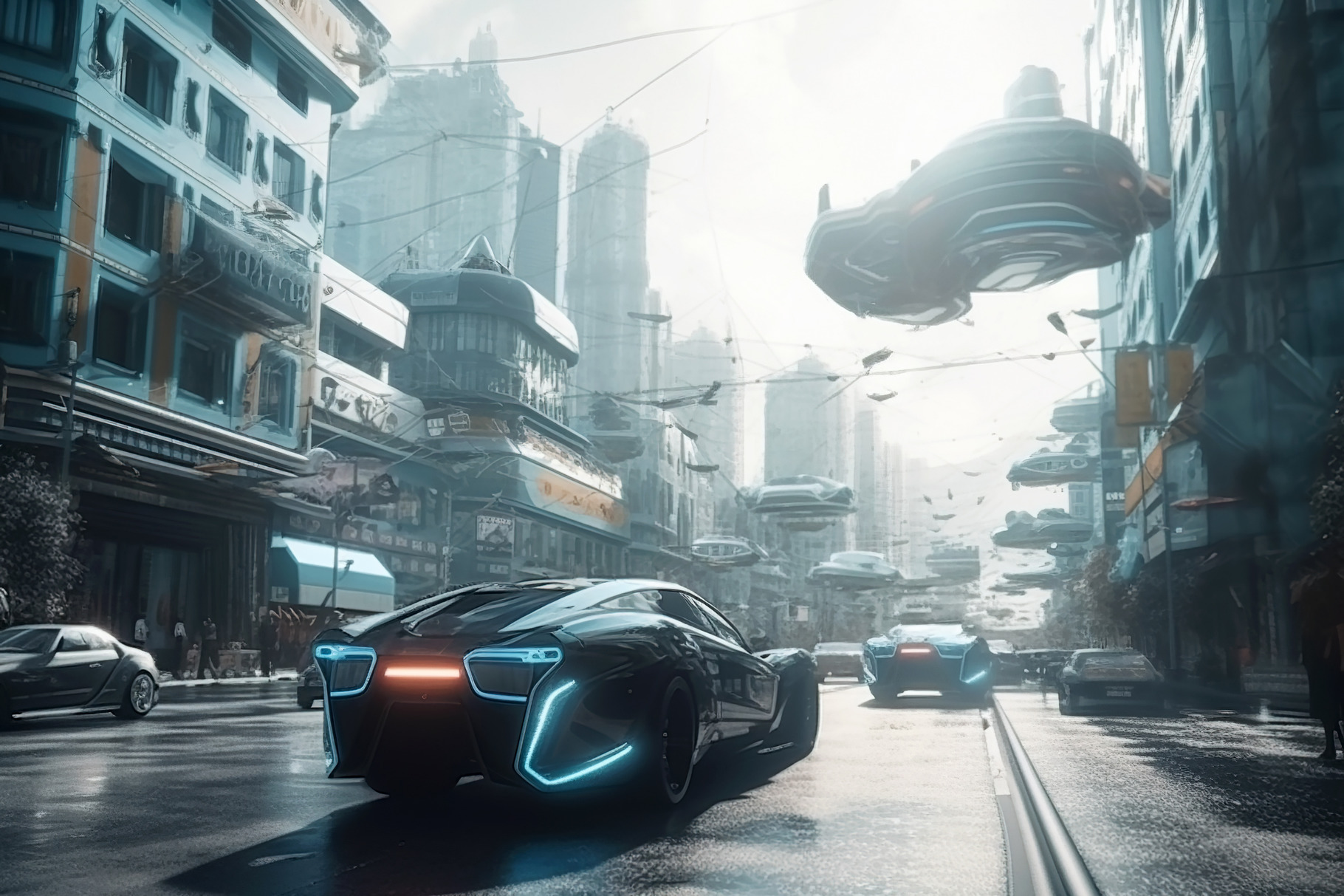 Futuristic city street, aircrafts fl, an Illustration by Lopatin Photo ...