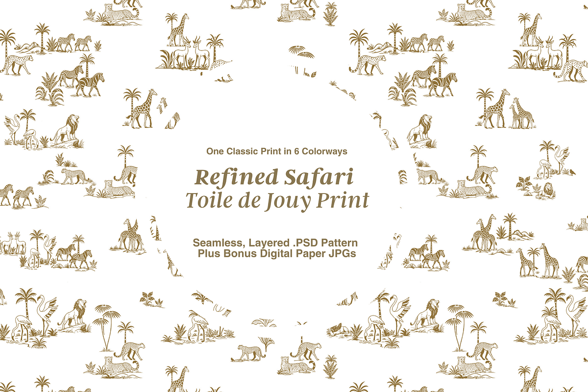 Refined Safari Toile de Jouy Pattern, a Wallpaper Graphic by Hughes Studio