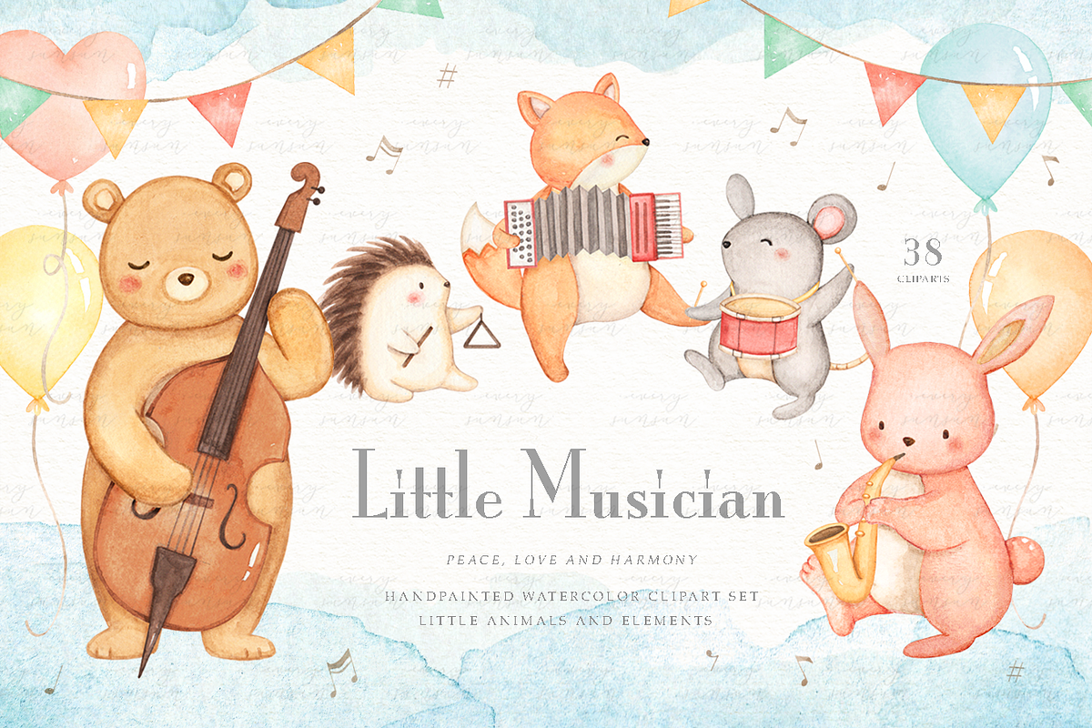 Little Musician Watercolor Clip Arts, an Animal Illustration by everysunsun