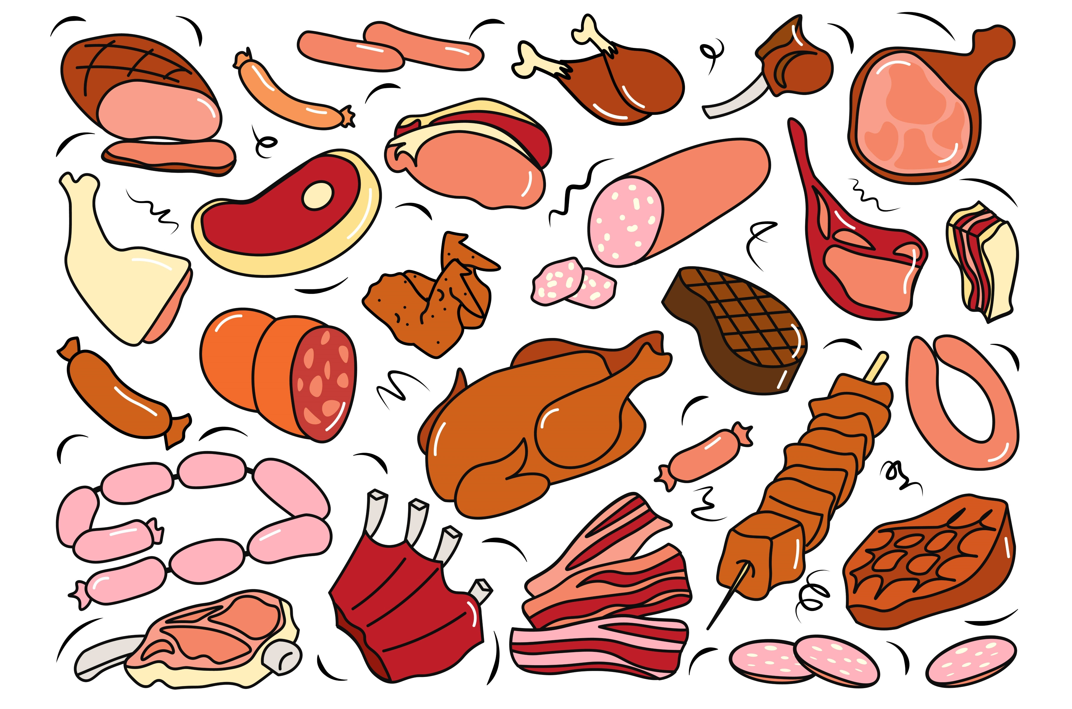 Flat cartoon set of meet products, a Food Illustration by Dessign Sells