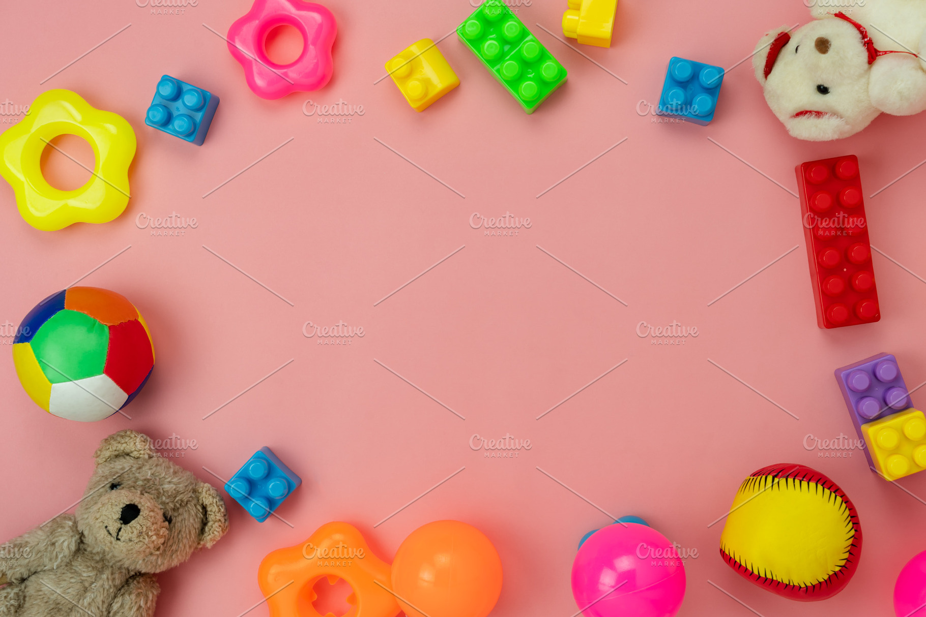 Table top view kids toy containing border, bear, and block, a School ...