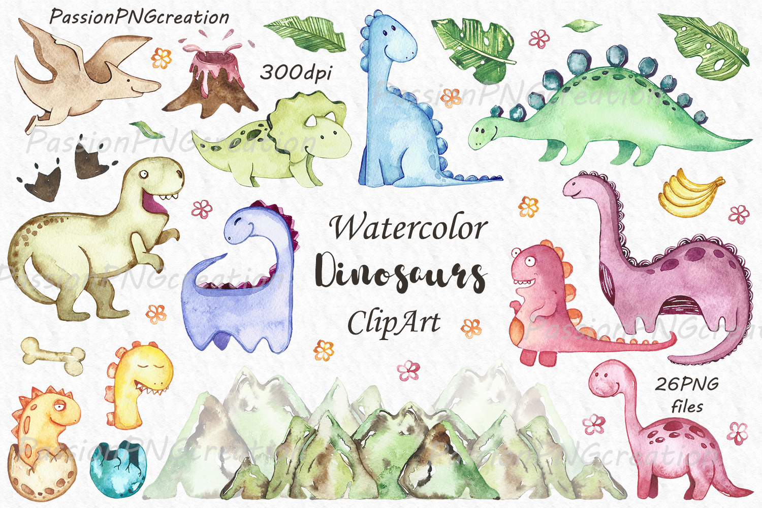 Watercolor Dinosaurs ClipArt, an Animal Illustration by PassionPNGcreation