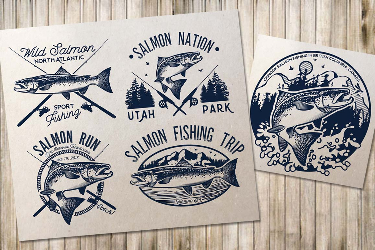 Vintage Salmon Fishing Emblems, an Animal Illustration by Moloko88
