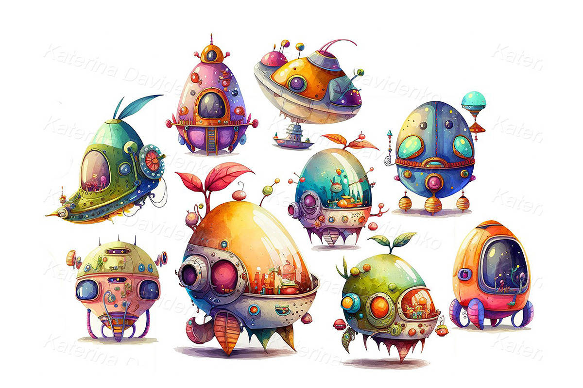 Set of cartoon aliens spaceship, an Object Illustration by Bubert Art
