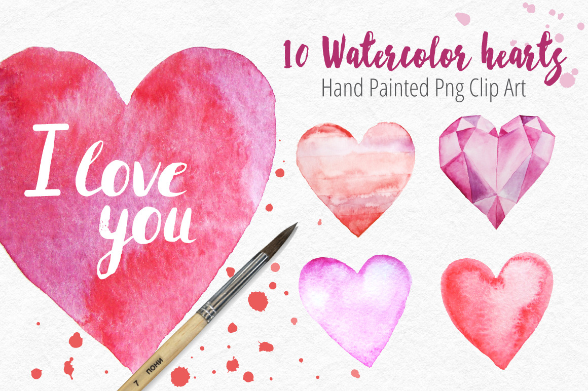 10 Watercolor Hearts Clip Art, a Texture Illustration by LarysaZabrotskaya